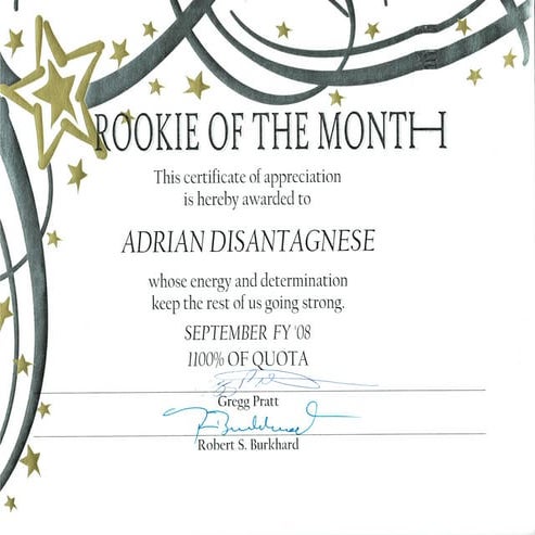(2 Slides) -> 2 rookie of the month awards (1100% and 300% of quota) | PDF