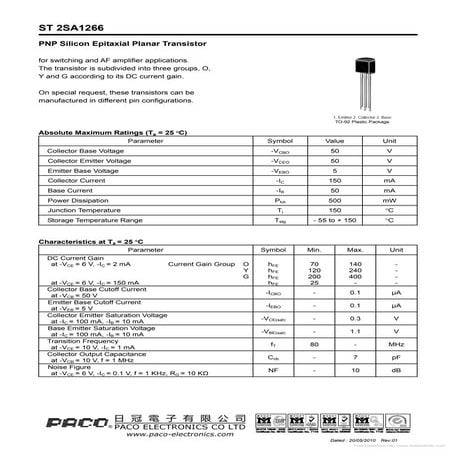 Original Transistor PNP A1266 2SA1266 TO 92 New | PDF