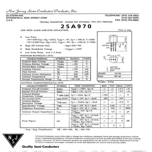 Original Transistor PNP 2SA970 A970 0.1A 100mA 120V New | PDF