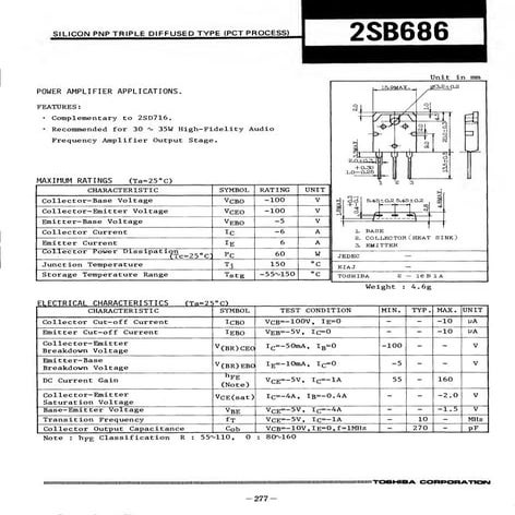 Original PNP Transistor 2SB688 B688 8A 120V New Toshiba | PDF