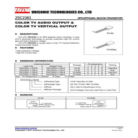 Original Transistor NPN C2383 2SC2383 1A 160V TO-92L New | PDF