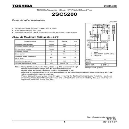Original NPN Transistor 2SC5200 C5200 TO-3P New Toshiba | PDF