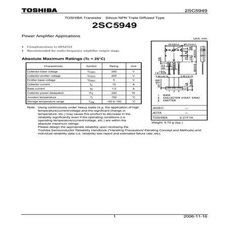 Original NPN Transistor 2SC5949 5949 TO-3P New Toshiba | PDF