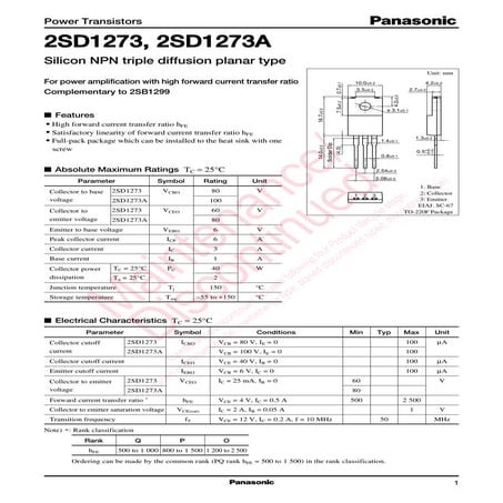 Original NPN Transistor 2SD1273 D1273 TO-220F New Panasonic | PDF