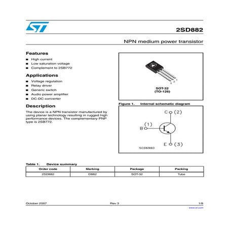 Original Transistor NPN D882 2SD882 3A 40V TO-126 New | PDF