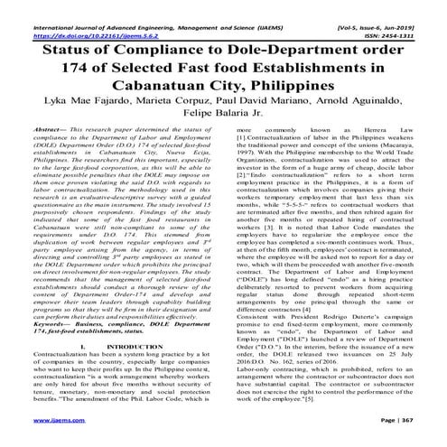 Status of Compliance to Dole-Department order 174 of Selected Fast food ...