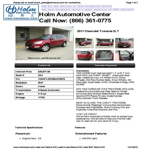 USED 2011 Chevrolet Traverse Salina KS | Holm Automotive Center | 2X4 | PDF