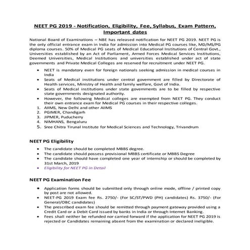 NEET PG 2019 | NEET PG 2019 Notification | NEET PG Syllabus | NEET PG ...