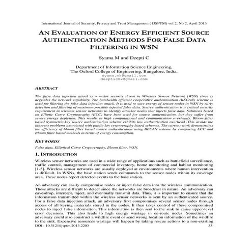 AN EVALUATION OF ENERGY EFFICIENT SOURCE AUTHENTICATION METHODS FOR FALSE DATA FILTERING IN WSN ...