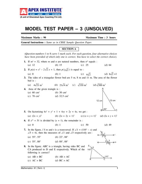 Class 9 Cbse Maths Sample Paper Term 1 Model 1 | PDF
