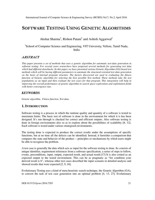 Application Of Genetic Algorithm And Particle Swarm Optimization In Software Testing Pdf