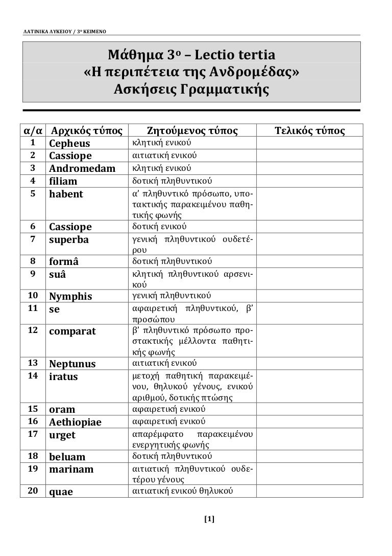 ΛΑΤΙΝΙΚΑ Γ' ΛΥΚΕΙΟΥ - Μάθημα 3ο - Ασκήσεις Γραμματικής
