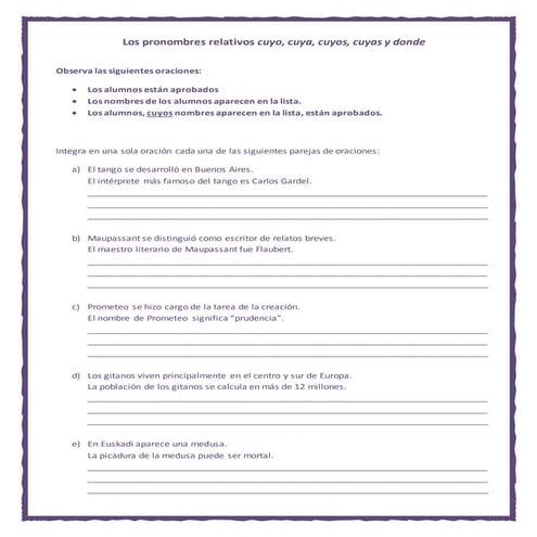 Hoja De Trabajo De Pronombres Relativos En Formato Pdf