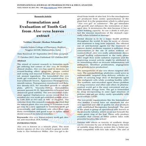 Formulation and evaluation of tooth gel from aloe vera leaves extract | PDF