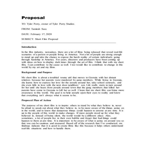 Short Film Proposal for Tyler Perry Studios | DOCX