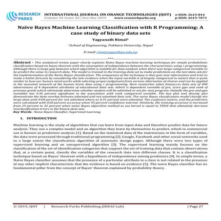 Naïve Bayes Machine Learning Classification With R Programming A Case 