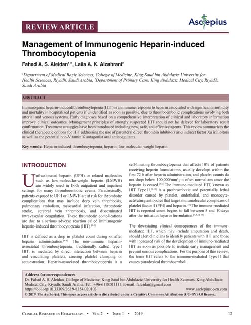 HEPARIN INDUCED THROMBOCYTOPENIA (HIT) | PPT