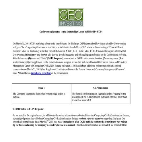 3 25-2011 GeoInvesting Rebuttal to CGPI Letter to Shareholders | PPT