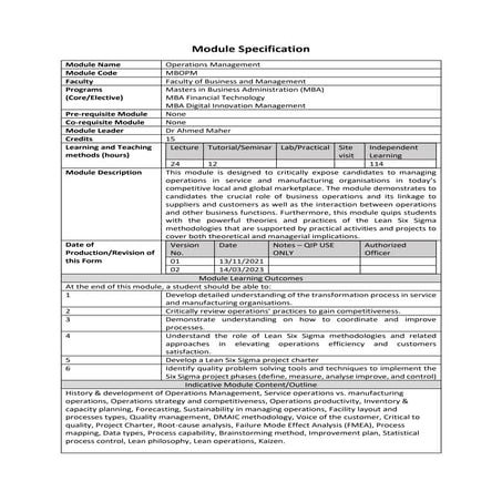 3. Operations Mgt_MBOPM Operation management ,module specification | PDF