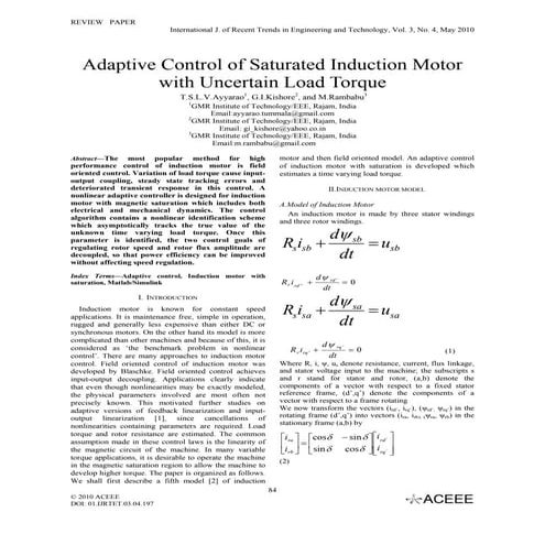 Adaptive Control Of Saturated Induction Motor With Uncertain Load Torque Pdf
