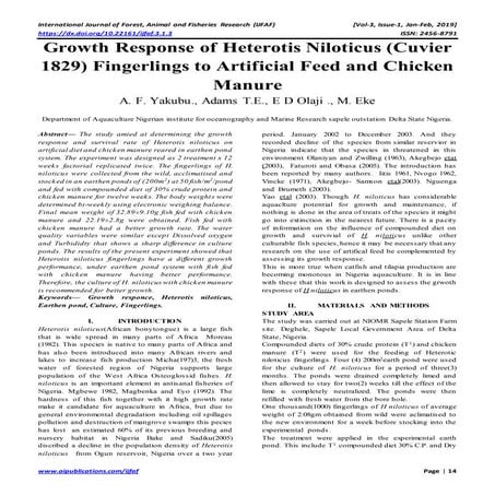 Growth Response of Heterotis Niloticus (Cuvier 1829) Fingerlings to ...