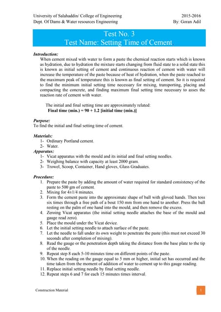 Experiment no 03 setting time of cement. | PDF