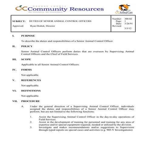 Chief Animal Control Officer Job Description | PDF