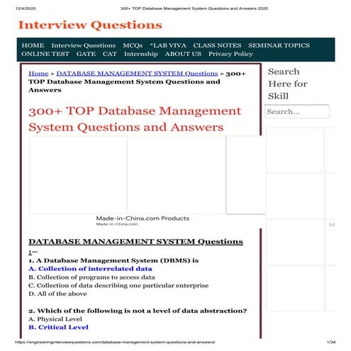300 Top Database Management System Questions And Answers 2020 Pdf