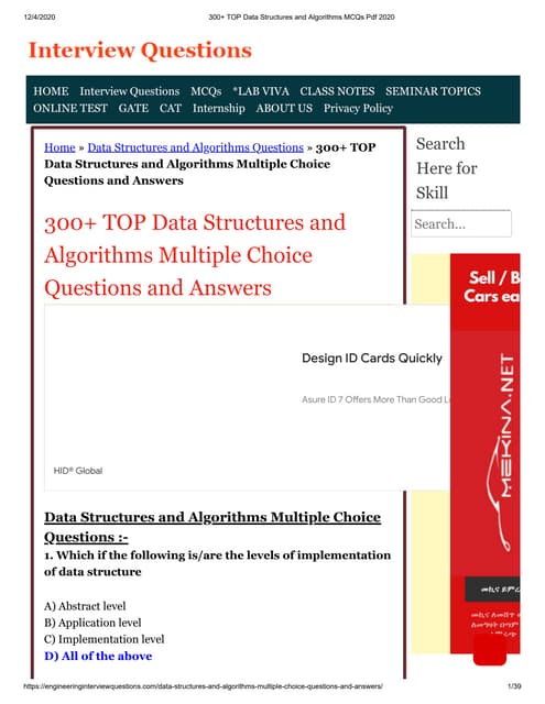 300 Top Data Structures And Algorithms Mc Qs Pdf 2020 Pdf