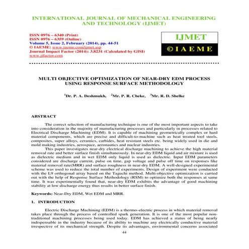 MULTI OBJECTIVE OPTIMIZATION OF NEAR-DRY EDM PROCESS USING RESPONSE SURFACE METHODOLOGY | PDF