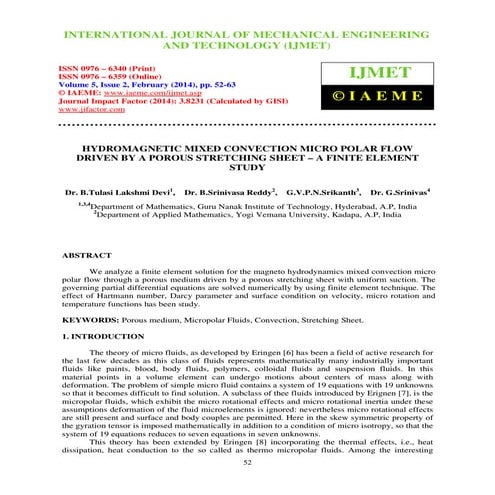 HYDROMAGNETIC MIXED CONVECTION MICRO POLAR FLOW DRIVEN BY A POROUS STRETCHING SHEET – A FINITE ...