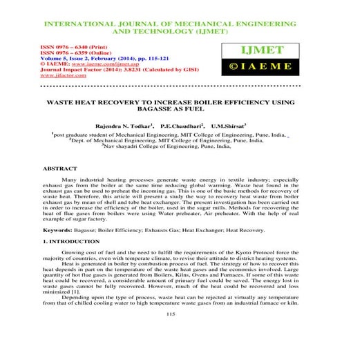 WASTE HEAT RECOVERY TO INCREASE BOILER EFFICIENCY USING BAGASSE AS FUEL ...