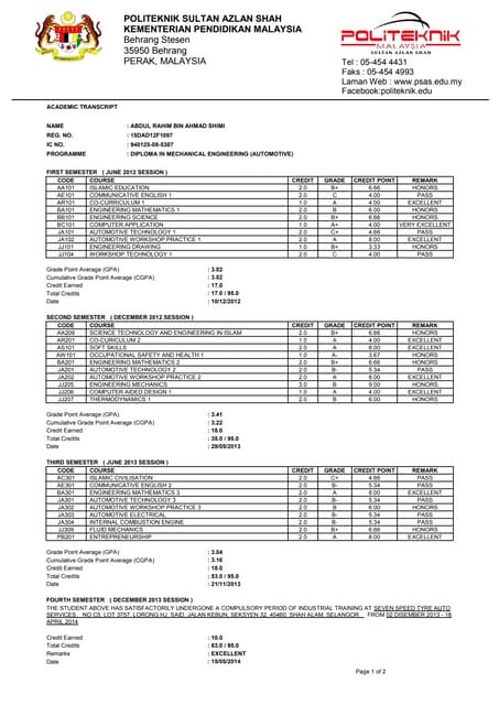 Transkrip Akademik Diploma | PDF