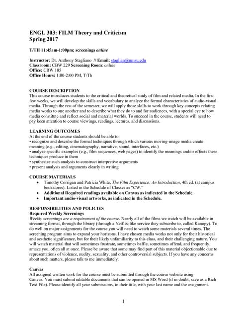 Approaches To Film Study Course Curriculum | PDF