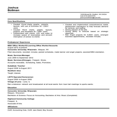 Josh Bollman Resume-- | DOCX | Business Administration | Business