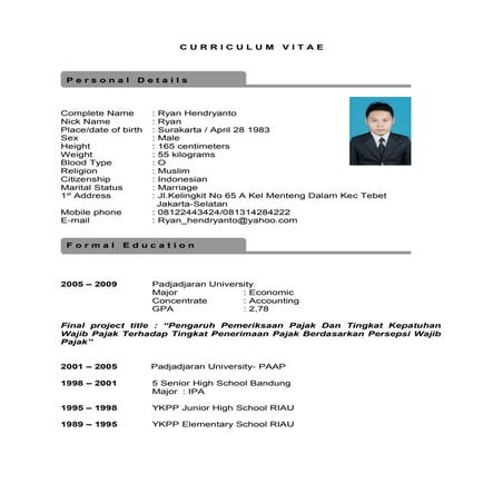 Ryan - CV, Ijazah, Transkrip, Photo(2) | DOC | Business | Business and Finance