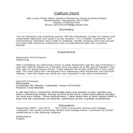 Callum Hunt cv | DOCX
