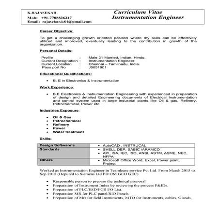 Resume srivenkatesh instrumentation engineer | DOC