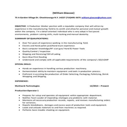 William Glascoe production resume updated | PDF