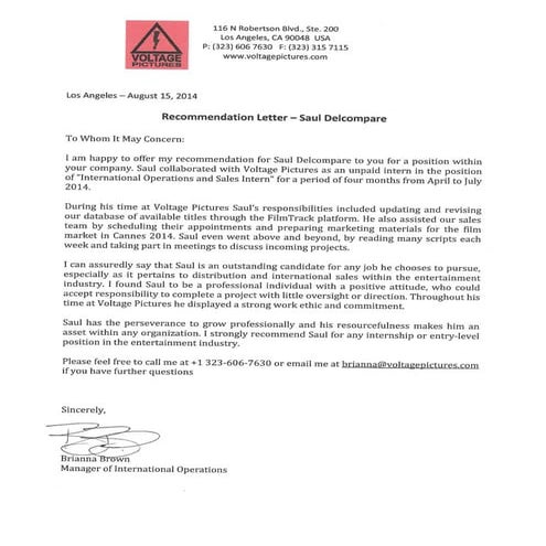 Voltage Pictures Recommendation Letter. | PDF