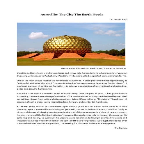 Auroville Case Study – A Sustainable Urban Community in India | PDF