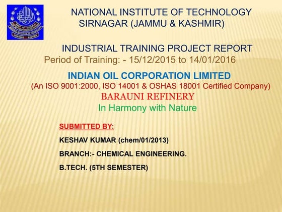 Internship presentation (iocl) | PPTX