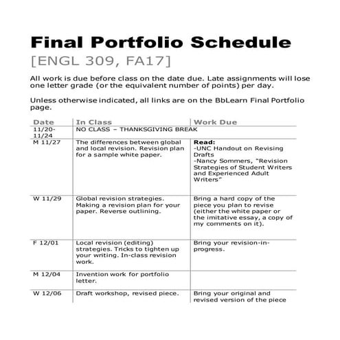 ENGL 309 Final Portfolio Schedule | PDF