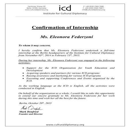 Eleonora Federzoni_Confirmation of Internship | PDF