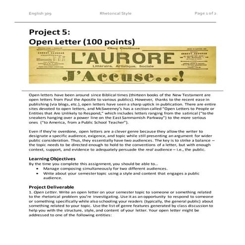 ENGL 309 Project 5 Assignment Sheet: Open Letter | DOCX