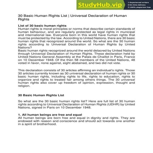 30 Basic Human Rights List Universal Declaration Of Human Rights | PDF