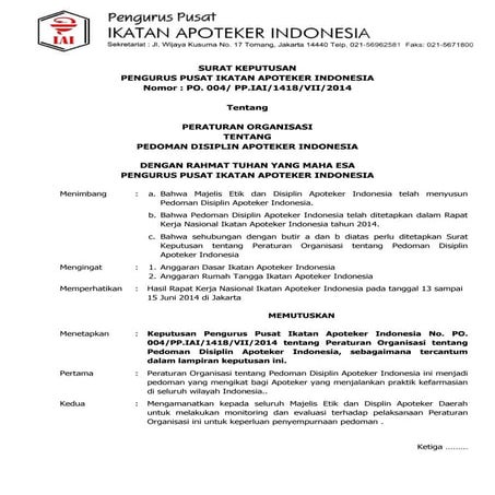 Sk po 004 ttg po pedoman disiplin apoteker indonesia | PDF