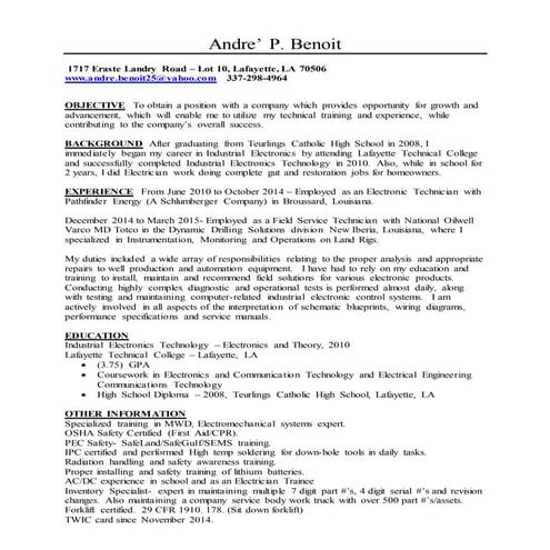 Andre' Benoit Resume 4-17-15 | PDF