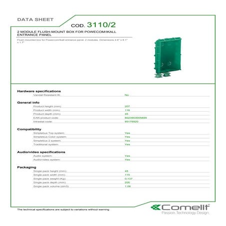 Comelit 31102 Data Sheet | PDF