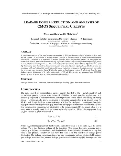 Leakage Power Reduction And Analysis Of Cmos Sequential Circuits Pdf